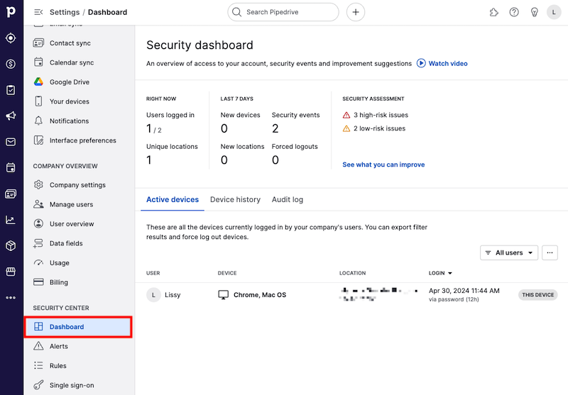 Security dashboard - Knowledge Base | Pipedrive
